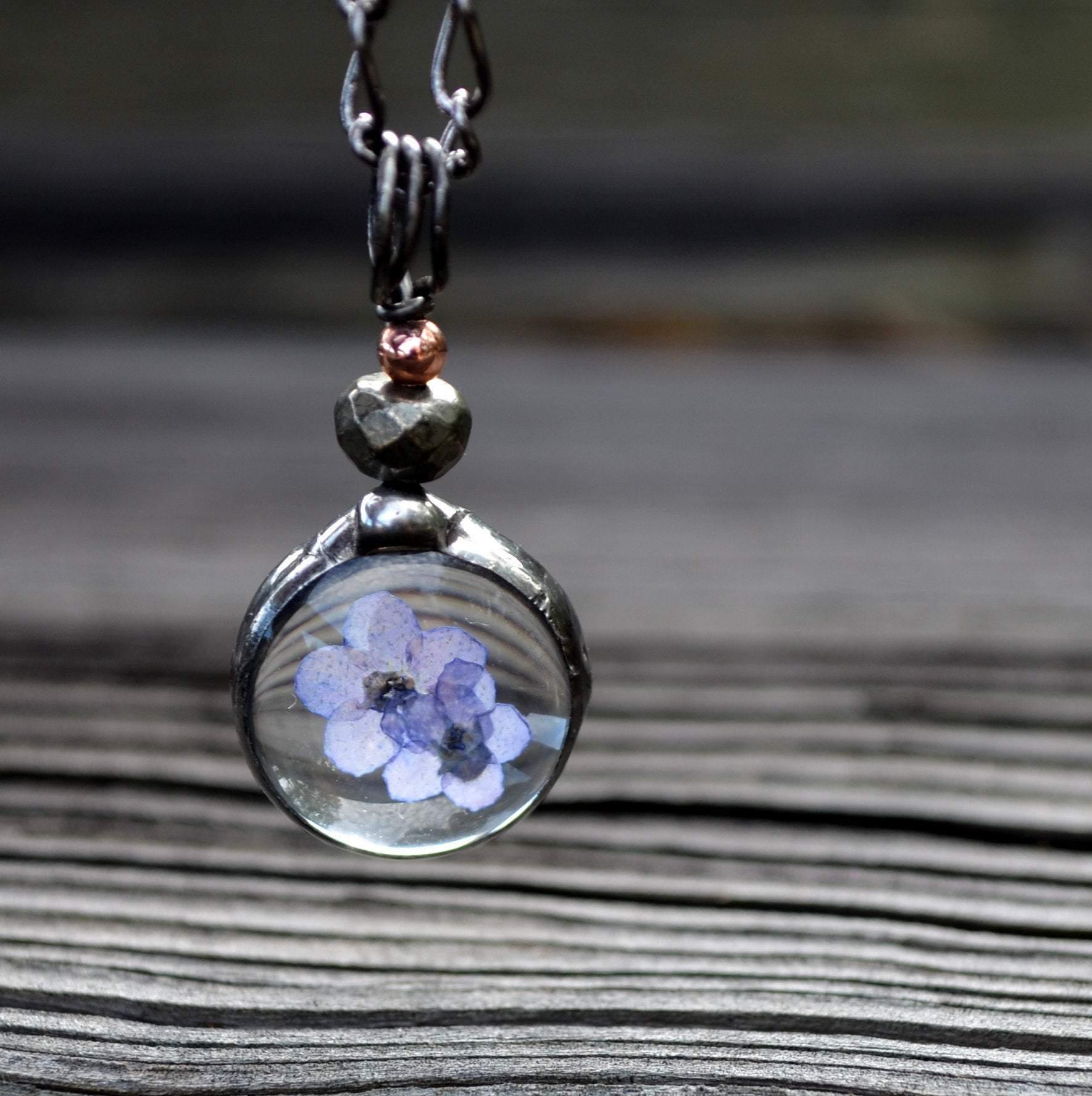 Handmade Forget Me Not Necklace Bayou Glass Arts 22 Fully Adjustable Figaro Chain Copper with Pyrite