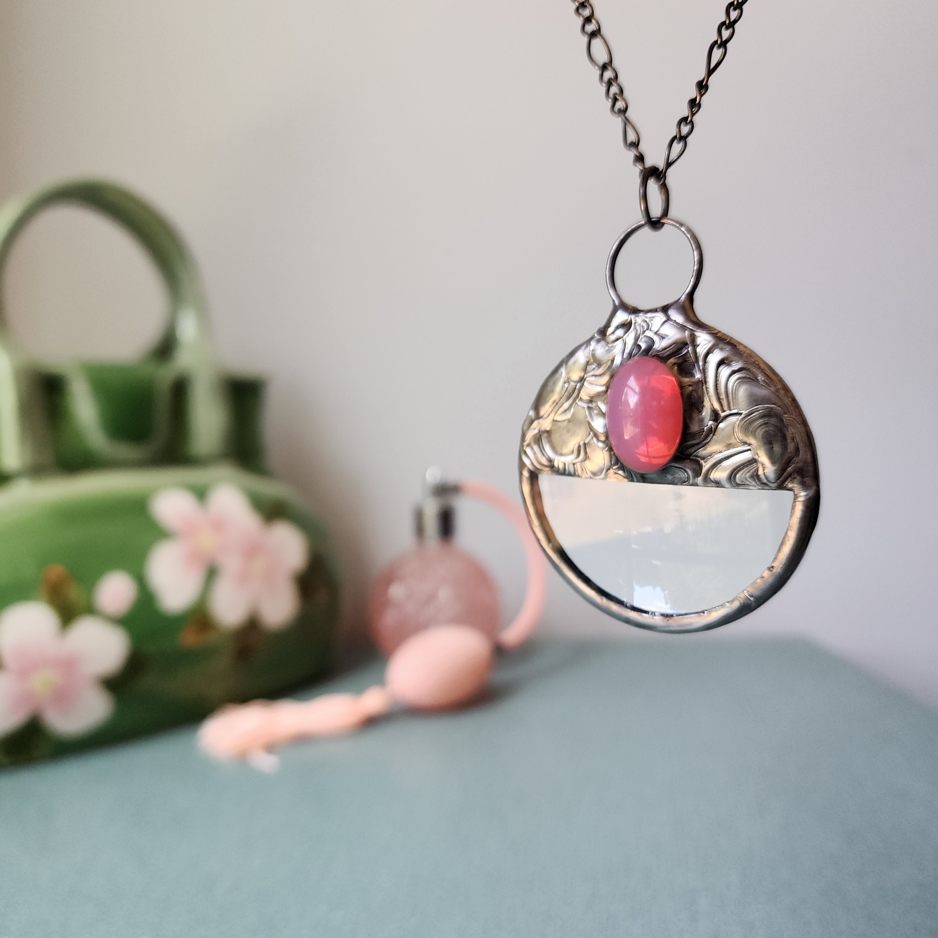 SOLD - Magnifying Glass Pendant with Vintage Pink Glass Inset – Bayou ...