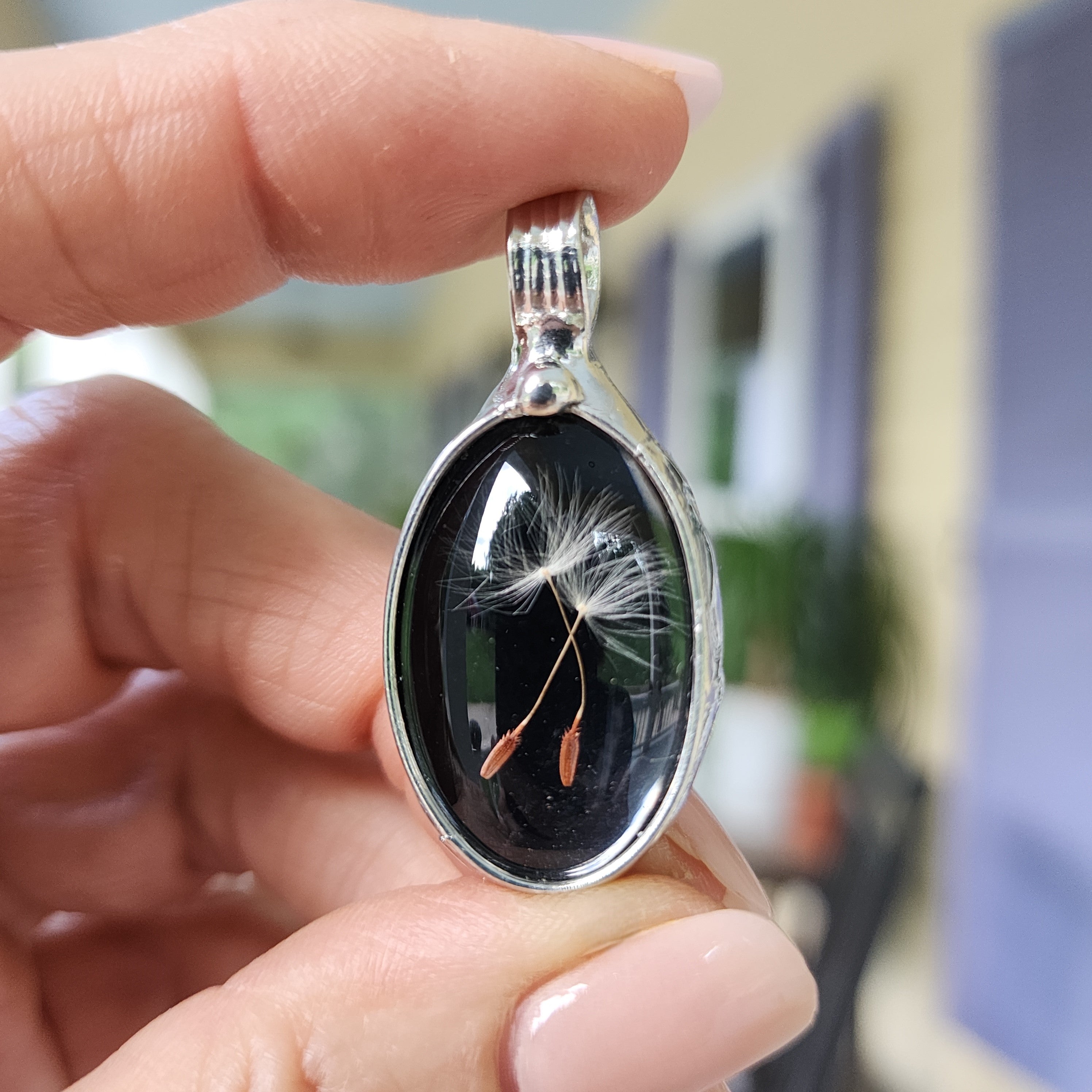 Handmade Dandelion Seed Wish Pendant Necklace on Black Stained Glass ...