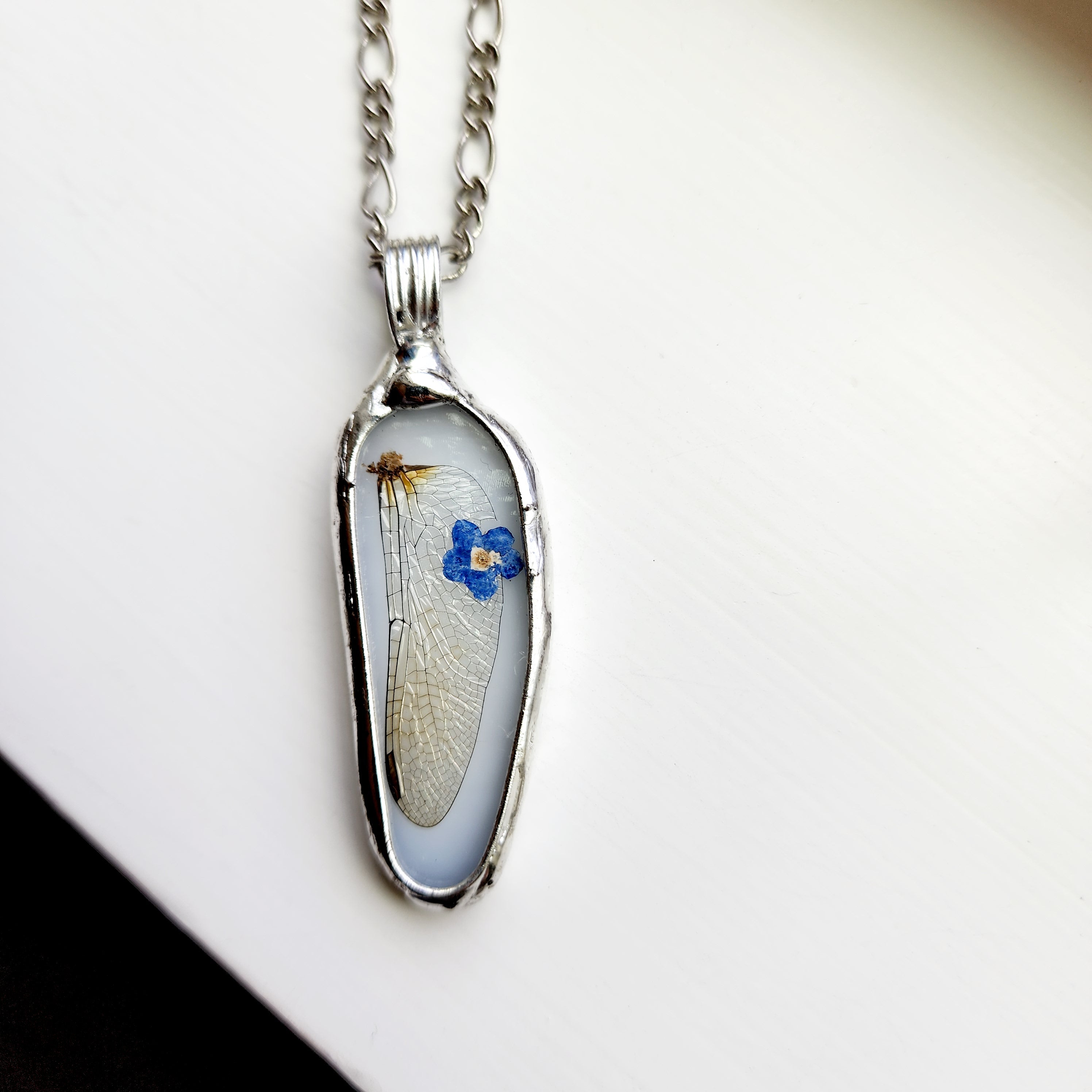 Handmade Stained Glass Real Dragonfly Wing & Forget Me Not Pendant ...