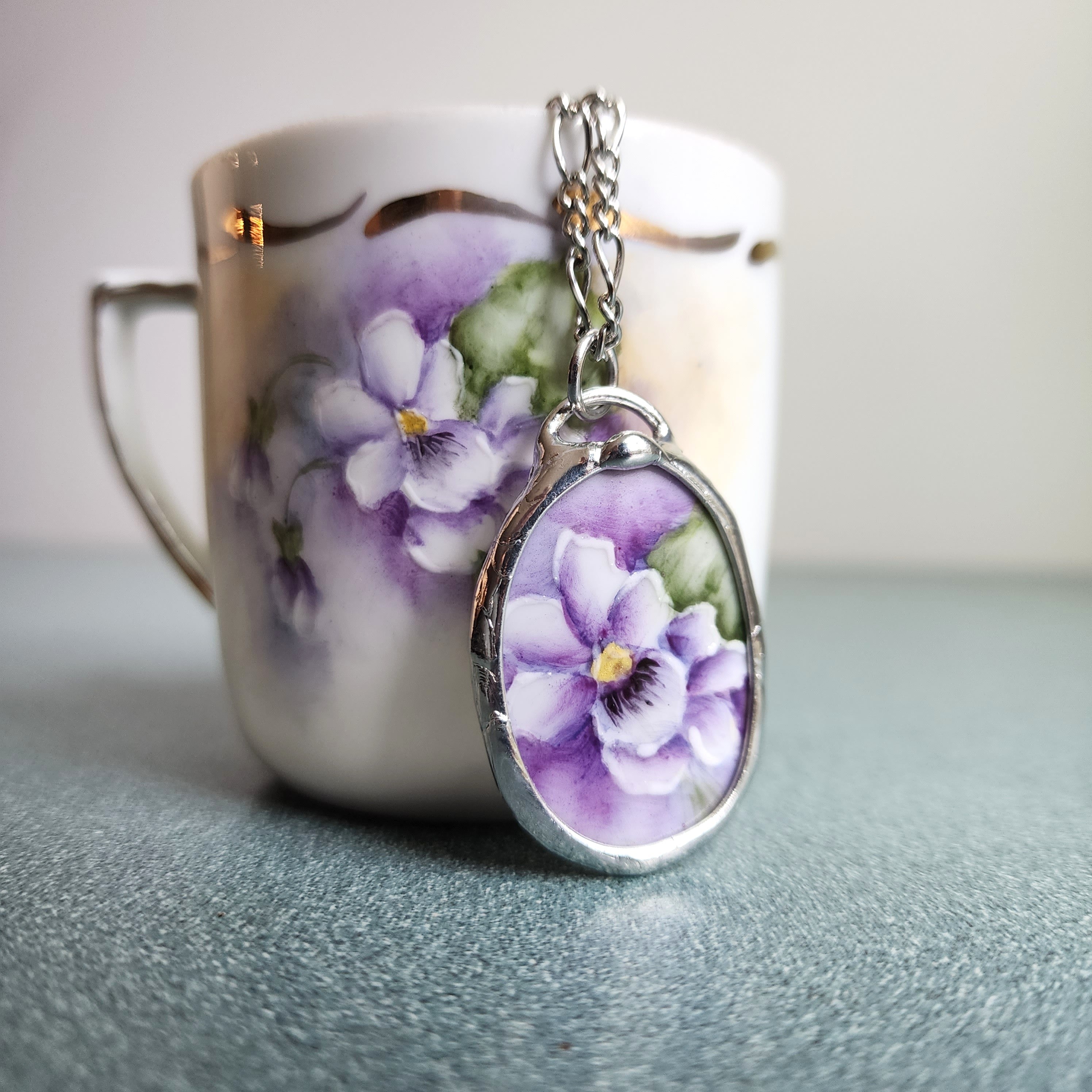 Handmade Wild Violet Necklace Broken China Jewelry | Bayou Glass Arts